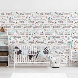 Bilderwelten Fototapete originell modern Aquarell blau - Aquarell Eisenbahn Muster - Eisenbahn Kinderzimmer Baby M&auml;dchen Jungen