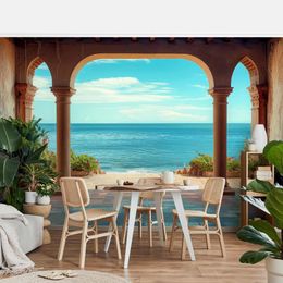 Bilderwelten Fototapete Strand Fotomontage Wandtapete t&uuml;rkis - Ausblick aufs Meer - Meerblick Wohnzimmer Schlafzimmer