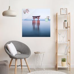 Bilderwelten Glasbild Stadt Motiv blau Glas Wandbild - Torii im Wasser - Asia Wohnzimmer Schlafzimmer