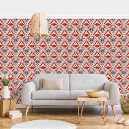 Bilderwelten Fototapete originell Orientalisch Wandtapete rot - Ikat Muster Bali rot und blau - Deko Wohnzimmer Schlafzimmer