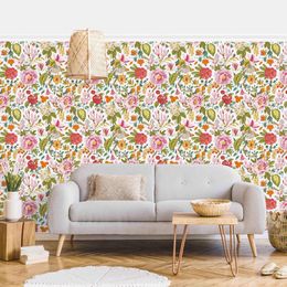 Bilderwelten Fototapete Vliestapete Illustration Wandtapete bunt - Illustriertes Blumen Chinoiserie Muster auf Hellrosa - Deko Wohnzimmer Schlafzimmer