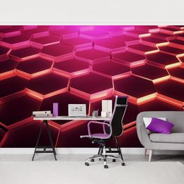 Bilderwelten Fototapete Vliestapete Neon Art 3D-Effekt pink - Hexagone mit Neonlicht in Pink und Rot - Deko Jugendzimmer