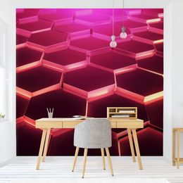 Bilderwelten Fototapete Vliestapete Neon Art 3D-Effekt pink - Hexagone mit Neonlicht in Pink und Rot - Deko Jugendzimmer