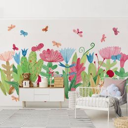 Bilderwelten Fototapete Blumen modern Aquarell bunt - Gro&szlig;er Aquarell Blumengarten - Blumenwiese Kinderzimmer Baby M&auml;dchen Jungen