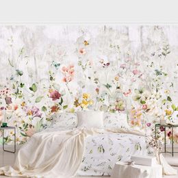 Bilderwelten Fototapete Blumen modern Steinoptik bunt - Aquarell Bl&uuml;ten auf wei&szlig;er Shabby Betonwand - Beton Wohnzimmer Schlafzimmer