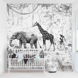 Bilderwelten Fototapete Wald Tropisch Wandtapete schwarz weiss - Tierparade im Dschungel Schwarz Wei&szlig; - B&auml;ume Kinderzimmer Baby M&auml;dchen Jungen