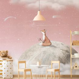 Bilderwelten Fototapete Tiere modern Wandtapete rosa - Fuchs und Maus auf dem Mond Rosa - Himmel Kinderzimmer Baby M&auml;dchen Jungen