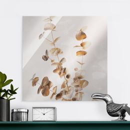 Bilderwelten Glasbild Tropisch gold Glas Wandbild - Goldene Eukalyptuszweige mit Wei&szlig; - Deko Wohnzimmer Schlafzimmer