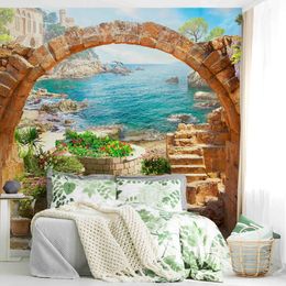 Bilderwelten Fototapete Strand Fotomontage Steinoptik bunt - Paradisischer Ausblick - Meerblick Wohnzimmer Schlafzimmer