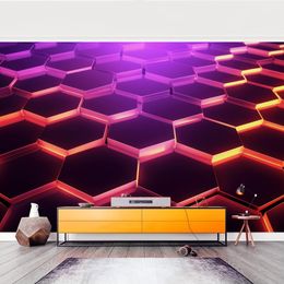 Bilderwelten Fototapete Vliestapete Neon Art 3D-Effekt violett - Hexagone mit Neonlicht in Rosa und Lila - Deko Jugendzimmer