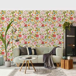 Bilderwelten Fototapete Vliestapete Illustration Wandtapete bunt - Illustriertes Blumen Chinoiserie Muster auf Gelb - Deko Wohnzimmer Schlafzimmer