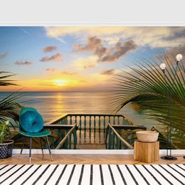 Bilderwelten Fototapete Strand Tropisch Wandtapete blau - Blick auf Sonnenuntergang am Strand - Sonnenuntergang Wohnzimmer Schlafzimmer