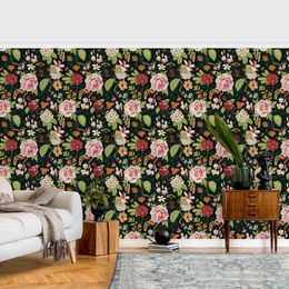 Bilderwelten Fototapete Illustriertes Blumen Chinoiserie Muster auf Dunkelgr&uuml;n