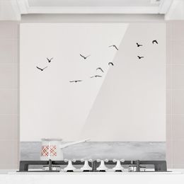 Bilderwelten Glas Spritzschutz Illustration schwarz weiss Tiere Aquarell - Vogelzug in den S&uuml;den - V&ouml;gel K&uuml;chenr&uuml;ckwand aus Glas