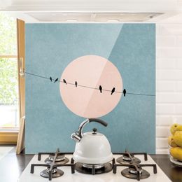 Bilderwelten Glas Spritzschutz modern petrol Natur Aquarell - V&ouml;gel vor rosa Sonne I - Sonnenuntergang K&uuml;chenr&uuml;ckwand aus Glas