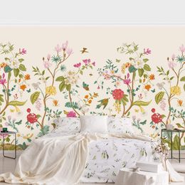 Bilderwelten Fototapete Blumen Illustration Wandtapete bunt - Illustrierte Blumen Chinoiserie auf Gelb - Schmetterlinge Wohnzimmer Schlafzimmer