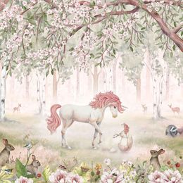 Bilderwelten Fototapete Wald modern Aquarell pastell - Magischer Wald mit gr&uuml;nen B&auml;umen - B&auml;ume Kinderzimmer Baby M&auml;dchen Jungen