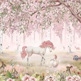 Bilderwelten Fototapete Wald modern Aquarell rosa - Magischer Wald mit rosa B&auml;umen - B&auml;ume Kinderzimmer Baby M&auml;dchen Jungen