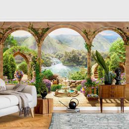 Bilderwelten Fototapete Blumen Fotomontage Wandtapete bunt - Traumhafter Ausblick auf einen Wasserfall in den Bergen - Berg Wohnzimmer Schlafzimmer