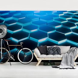 Bilderwelten Fototapete Hexagone mit Neonlicht in T&uuml;rkis