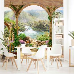 Bilderwelten Fototapete Blumen Fotomontage Wandtapete bunt - Traumhafter Ausblick auf einen Wasserfall in den Bergen - Berg Wohnzimmer Schlafzimmer