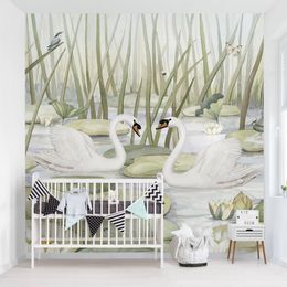 Bilderwelten Fototapete Tiere modern Aquarell gr&uuml;n - Schwanensee - Frosch Kinderzimmer Baby M&auml;dchen Jungen