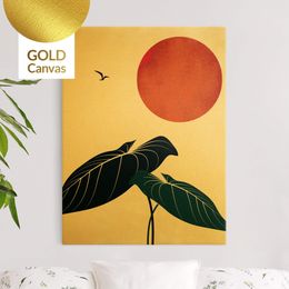 Bilderwelten Leinwandbild Natur Tropisch Kunstdruck rot - Nachttraum - Pflanze und rote Sonne - Pflanzen XXL Wohnzimmer Schlafzimmer