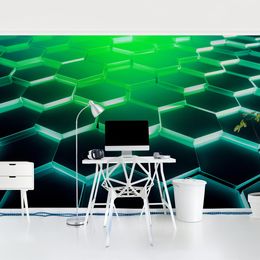 Bilderwelten Fototapete Vliestapete Neon Art 3D-Effekt gr&uuml;n - Hexagone mit Neonlicht in Gr&uuml;n und T&uuml;rkis - Deko Jugendzimmer