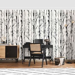 Bilderwelten Fototapete Wald Illustration Aquarell schwarz weiss - Aquarell Birkenwald in Schwarz Wei&szlig; - B&auml;ume Kinderzimmer Baby M&auml;dchen Jungen