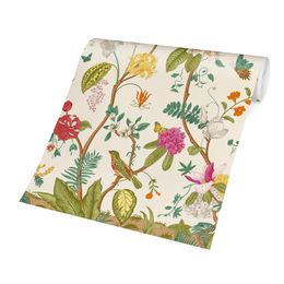 Bilderwelten Fototapete Blumen Illustration Wandtapete bunt - Illustrierte Blumen Chinoiserie auf Gelb - Schmetterlinge Wohnzimmer Schlafzimmer