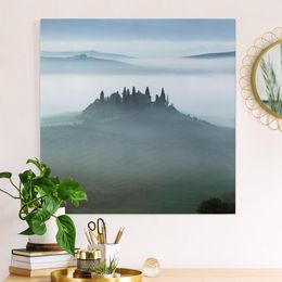 Bilderwelten Leinwandbild Natur Motiv Kunstdruck t&uuml;rkis - Bauernhaus im Nebel - Landschaft XXL Wohnzimmer Schlafzimmer