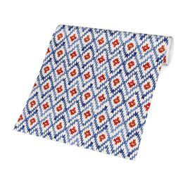 Bilderwelten Fototapete originell Orientalisch Wandtapete blau - Ikat Muster Mexiko rot und blau - Deko Wohnzimmer Schlafzimmer