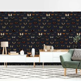 Bilderwelten Fototapete Tiere Vintage Wandtapete blau - Vintage Schmetterlinge auf Dunkelblau - Retro Wohnzimmer Schlafzimmer