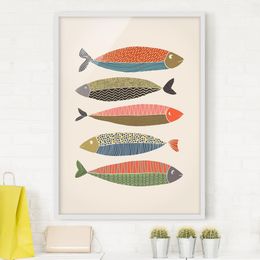 Bilderwelten Bild mit Rahmen Tiere beige Abstrakt inkl. Rahmung - F&uuml;nf Bunte Fische - Fische Wohnzimmer Schlafzimmer