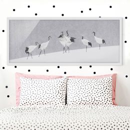 Bilderwelten Bild mit Rahmen Tiere grau Motiv inkl. Rahmung - Kraniche im Schnee - V&ouml;gel Wohnzimmer Schlafzimmer