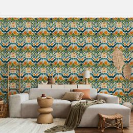 Bilderwelten Fototapete Ikat Muster Bali orange und gr&uuml;n