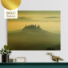Bilderwelten Leinwandbild Natur Motiv Kunstdruck t&uuml;rkis - Bauernhaus im Nebel - Landschaft XXL Wohnzimmer Schlafzimmer