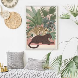 Bilderwelten Bild mit Rahmen Tiere beige Tropisch inkl. Rahmung - Majest&auml;tische Wildkatzen - Pflanzen Wohnzimmer Schlafzimmer
