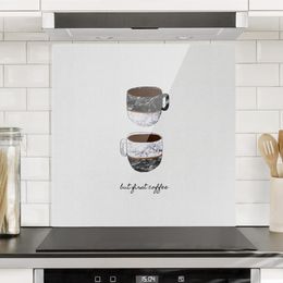 Bilderwelten Glas Spritzschutz modern schwarz weiss Kulinarisch - Tassen Zitat But First Coffee - Kaffee K&uuml;chenr&uuml;ckwand aus Glas