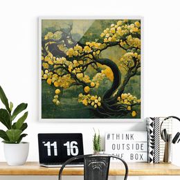 Bilderwelten Bild mit Rahmen gr&uuml;n Abstrakt inkl. Rahmung - Gelber Baum - Deko Wohnzimmer Schlafzimmer
