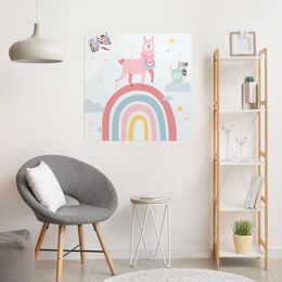 Bilderwelten Glasbild Tiere Illustration bunt Glas Wandbild - Lama auf Regenbogen mit Sternen und P&uuml;nktchen - Regenbogen Kinderzimmer Baby M&auml;dchen Jungen