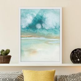 Bilderwelten Bild mit Rahmen Strand t&uuml;rkis modern Aquarell - Smaragd-Wolken und Gold II - Himmel Wohnzimmer Schlafzimmer