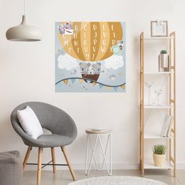 Bilderwelten Glasbild Fahrzeuge Illustration pastell Glas Wandbild - ABC - Lernen wie im Flug - Ballon Kinderzimmer Baby M&auml;dchen Jungen