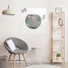 Bilderwelten Glasbild Blumen Fotomontage gr&uuml;n Glas Wandbild - Pinke Blumen im Kreis - Blumenwiese Wohnzimmer Schlafzimmer
