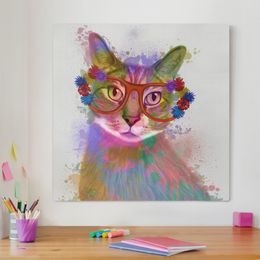 Bilderwelten Leinwandbild Tiere Illustration Kunstdruck Leinwanddruck - Regenbogen Splash Katze - Regenbogen XXL Kinderzimmer Baby M&auml;dchen Jungen