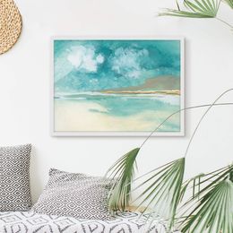 Bilderwelten Bild mit Rahmen Strand t&uuml;rkis modern Aquarell - Smaragd-Wolken und Gold - Himmel Wohnzimmer Schlafzimmer