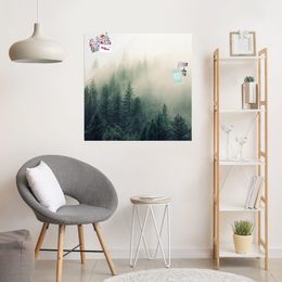 Bilderwelten Glasbild Wald Motiv gr&uuml;n Glas Wandbild - Wald im Nebel Erwachen - B&auml;ume Wohnzimmer Schlafzimmer