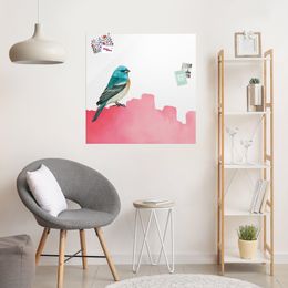 Bilderwelten Glasbild Tiere Illustration pink Glas Wandbild - Vogel auf Pink - V&ouml;gel Wohnzimmer Schlafzimmer