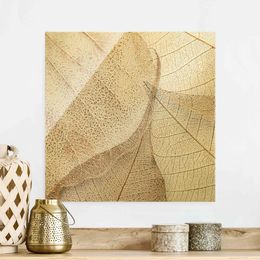 Bilderwelten Glasbild Landhaus beige Glas Wandbild - Filigrane Blattstruktur in Gold - Deko Wohnzimmer Schlafzimmer