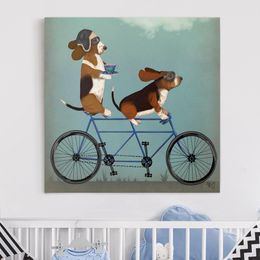 Bilderwelten Leinwandbild Tiere Vintage Kunstdruck braun - Radtour - Bassets Tandem - Fahrrad XXL Kinderzimmer Baby M&auml;dchen Jungen